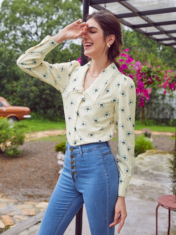Simplee Button Front Lace Trim Floral Top | SHEIN USA