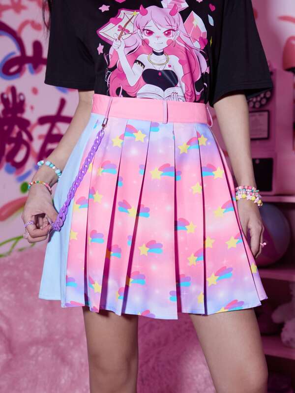 ROMWE Kawaii Star Print Colorblock Pleated Skirt | SHEIN UK