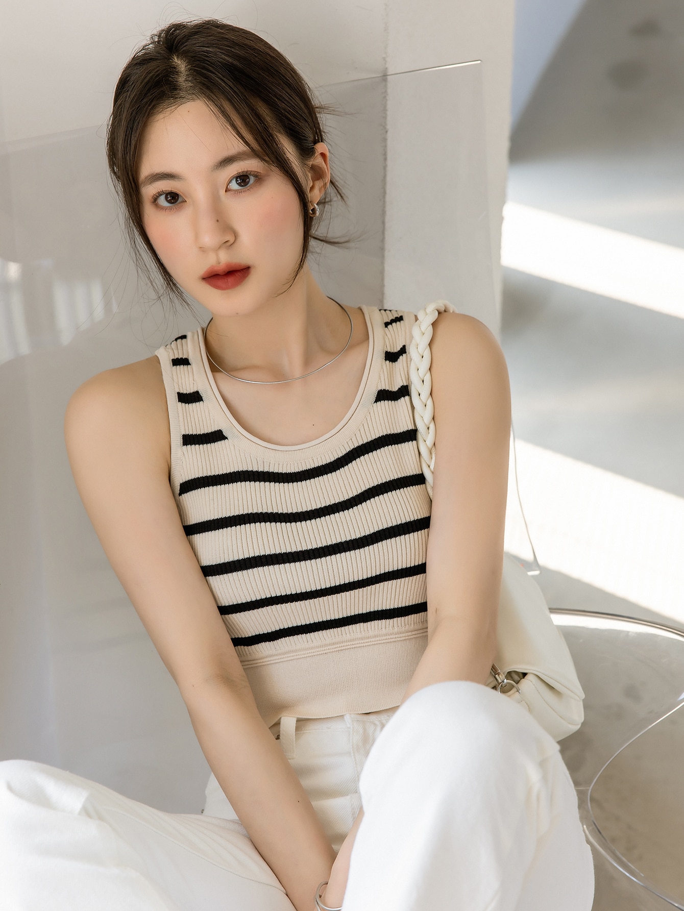 Dazy-Less Pull sans manches court à rayures côtelé