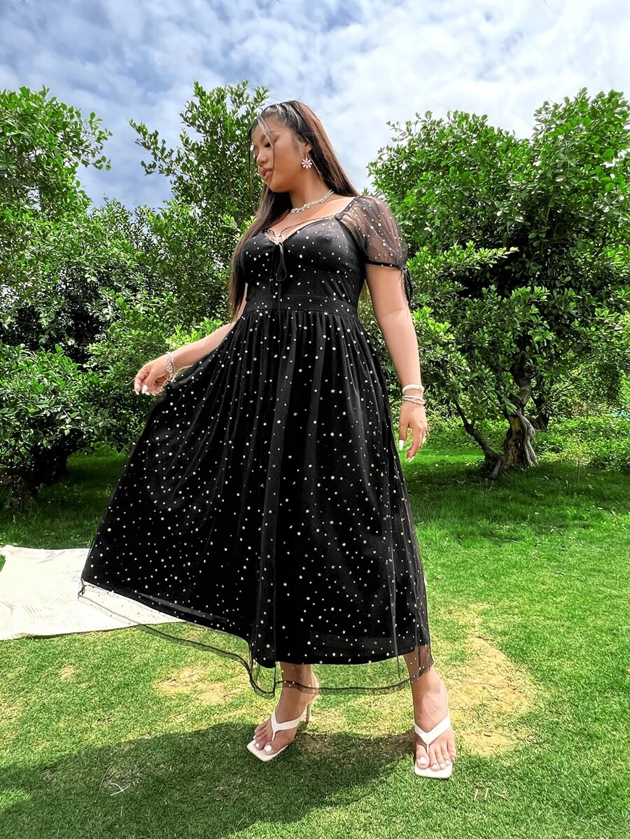 SHEIN Privé Plus Puff Sleeve Tie Front Sweetheart Neck Star Mesh Dress ...