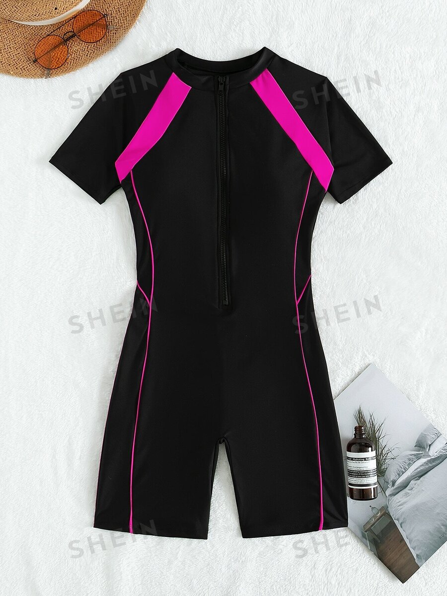 SHEIN Swim SPRTY Neon Pink Panel High Neck One Piece Swimsuit | SHEIN UK