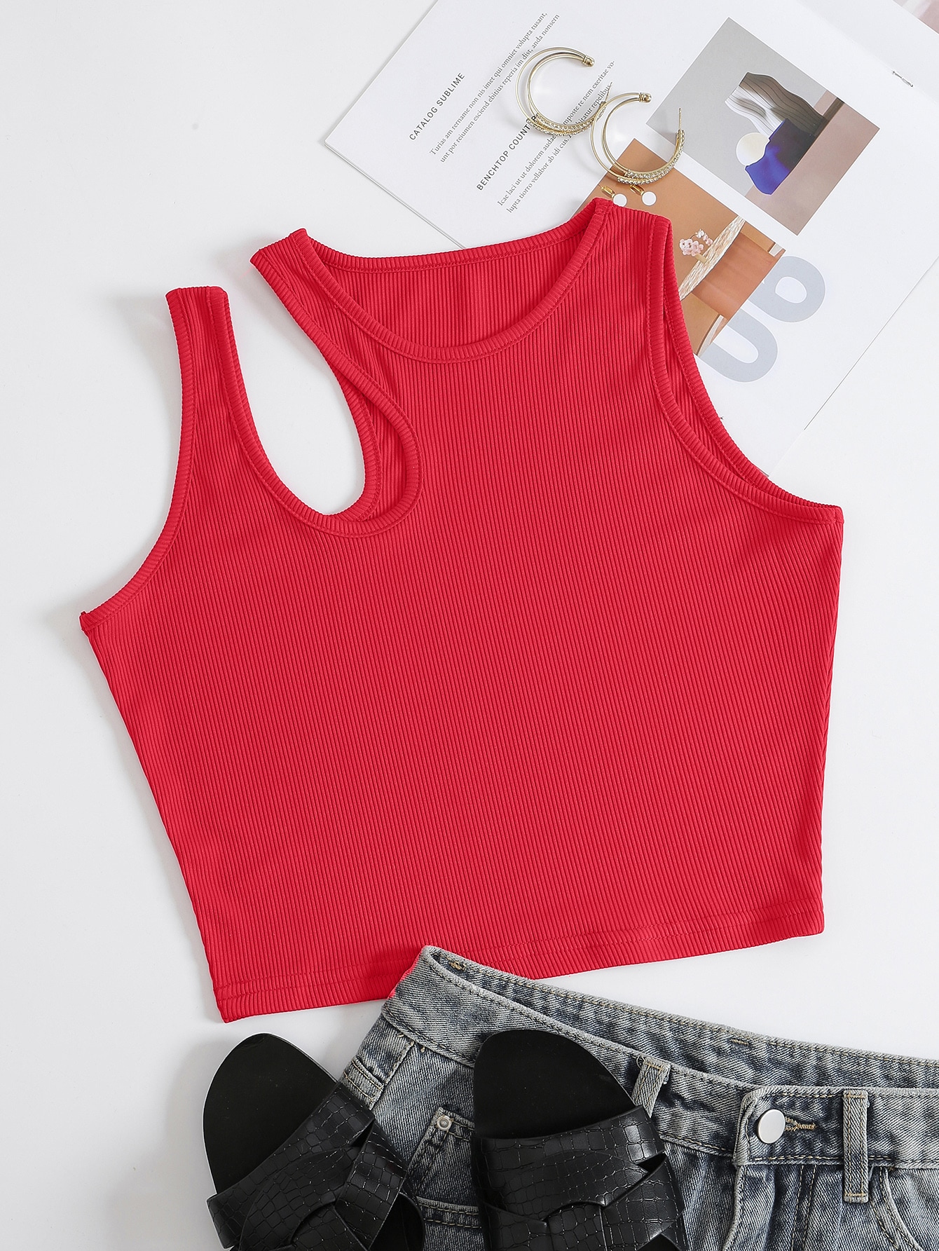 Solid Cut Out Shoulder Crop Tank Top