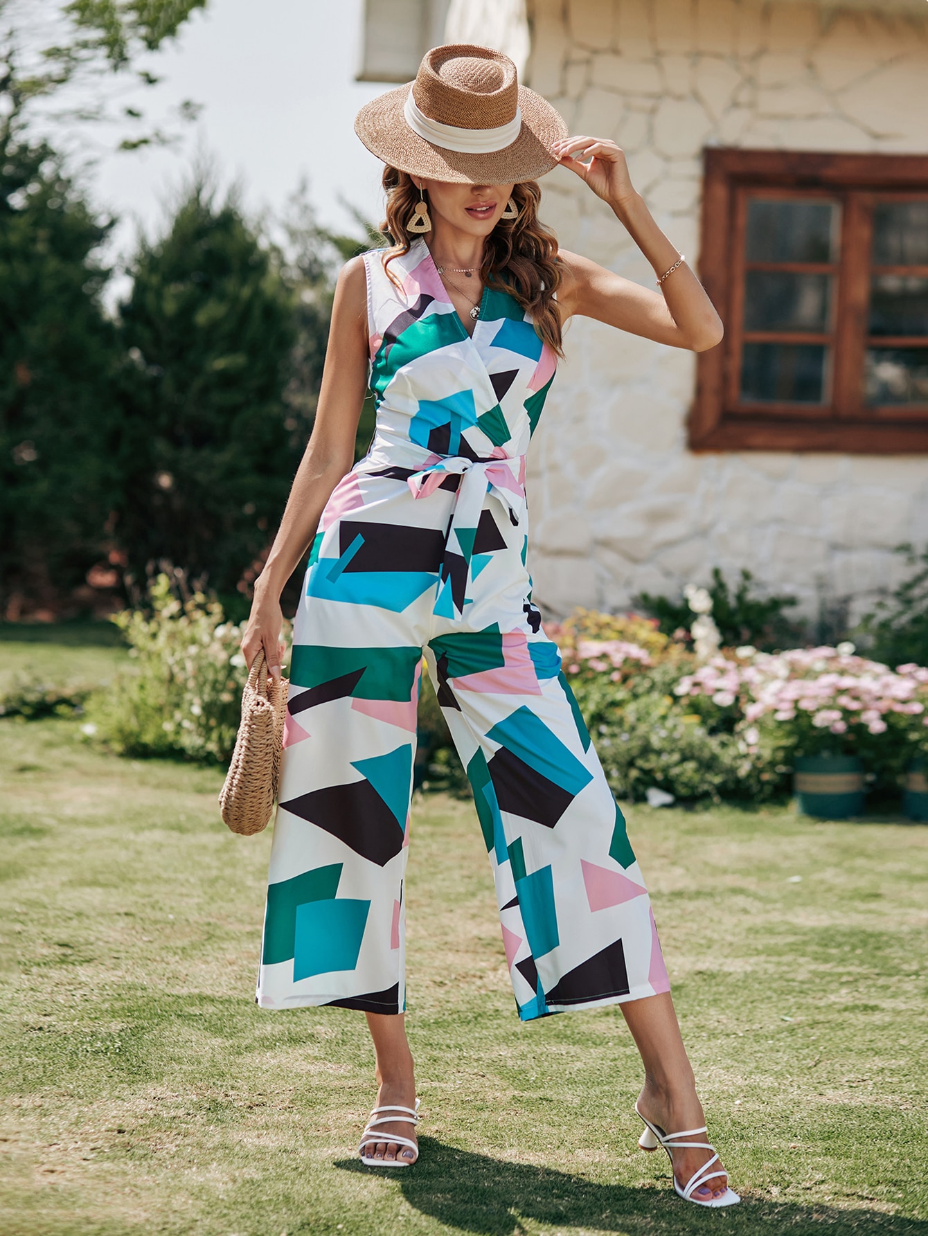 Geo Print Wide Leg Belted Jumpsuit Shein Usa