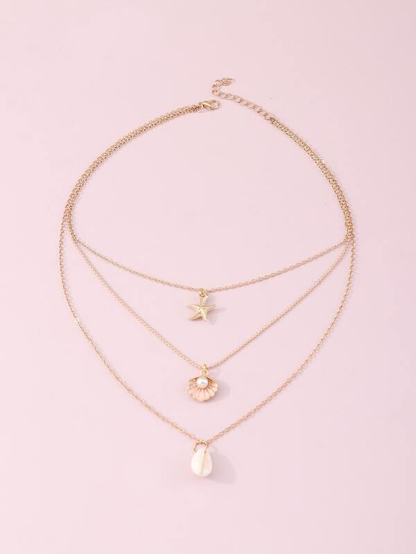 Shell & Starfish Pendant Layered Necklace | SHEIN USA