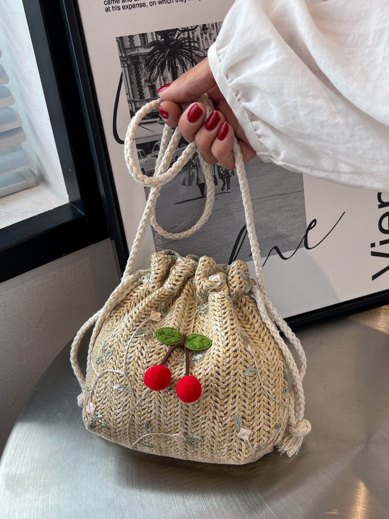 Cherry Decor Drawstring Detail Straw Bag