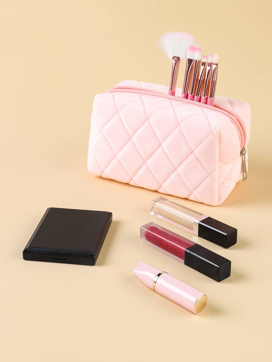 1Pc Pink Plush Square Makeup Bag, Style, Cute Aesthetic, Fluffy ...