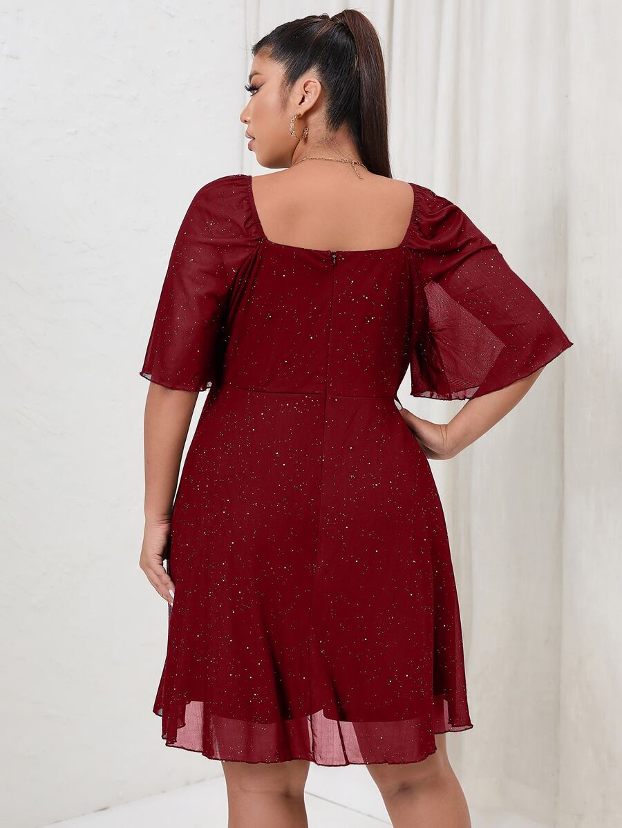 Shein Privé Plus Flutter Sleeve Overlap Collar Mesh Dress For