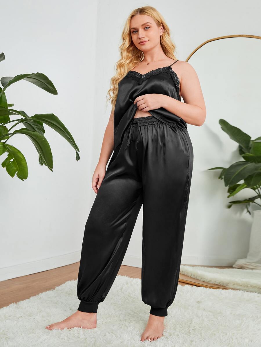 Conjunto de pijama de tirantes de satén ribete con encaje en contraste ...