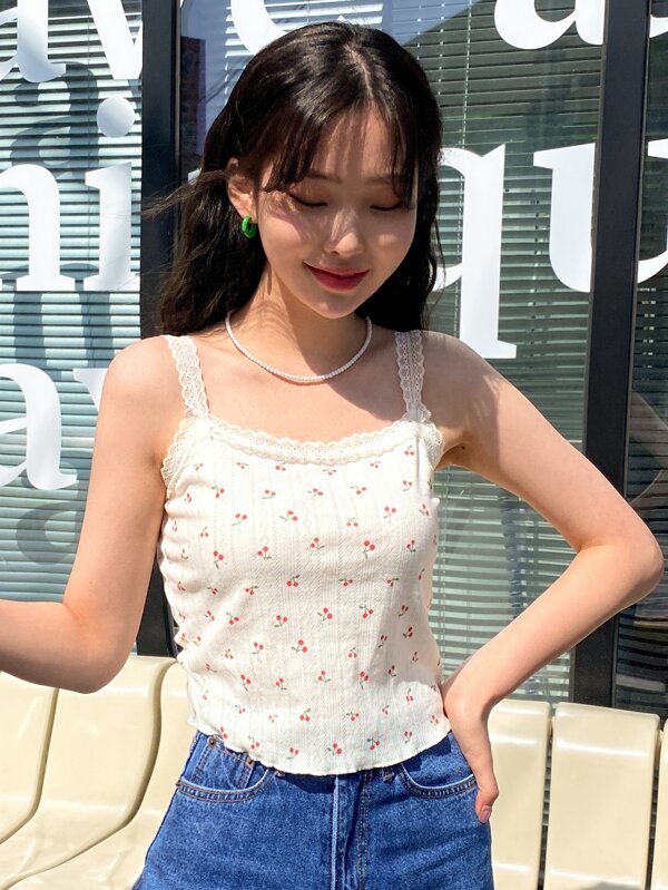 Is That The New Cherry Print Contrast Lace Tank Top Romwe Canada