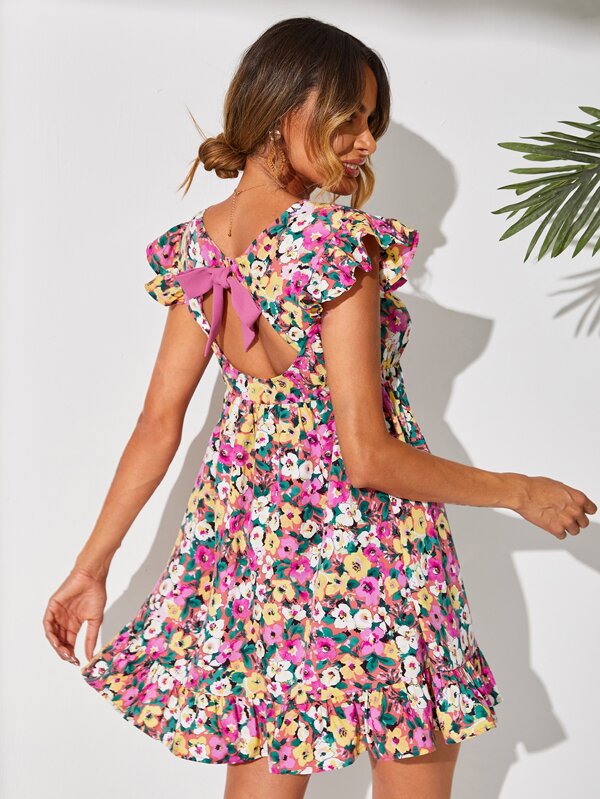 SHEIN VCAY Allover Floral Print Tie Back Ruffle Hem Dress | SHEIN USA
