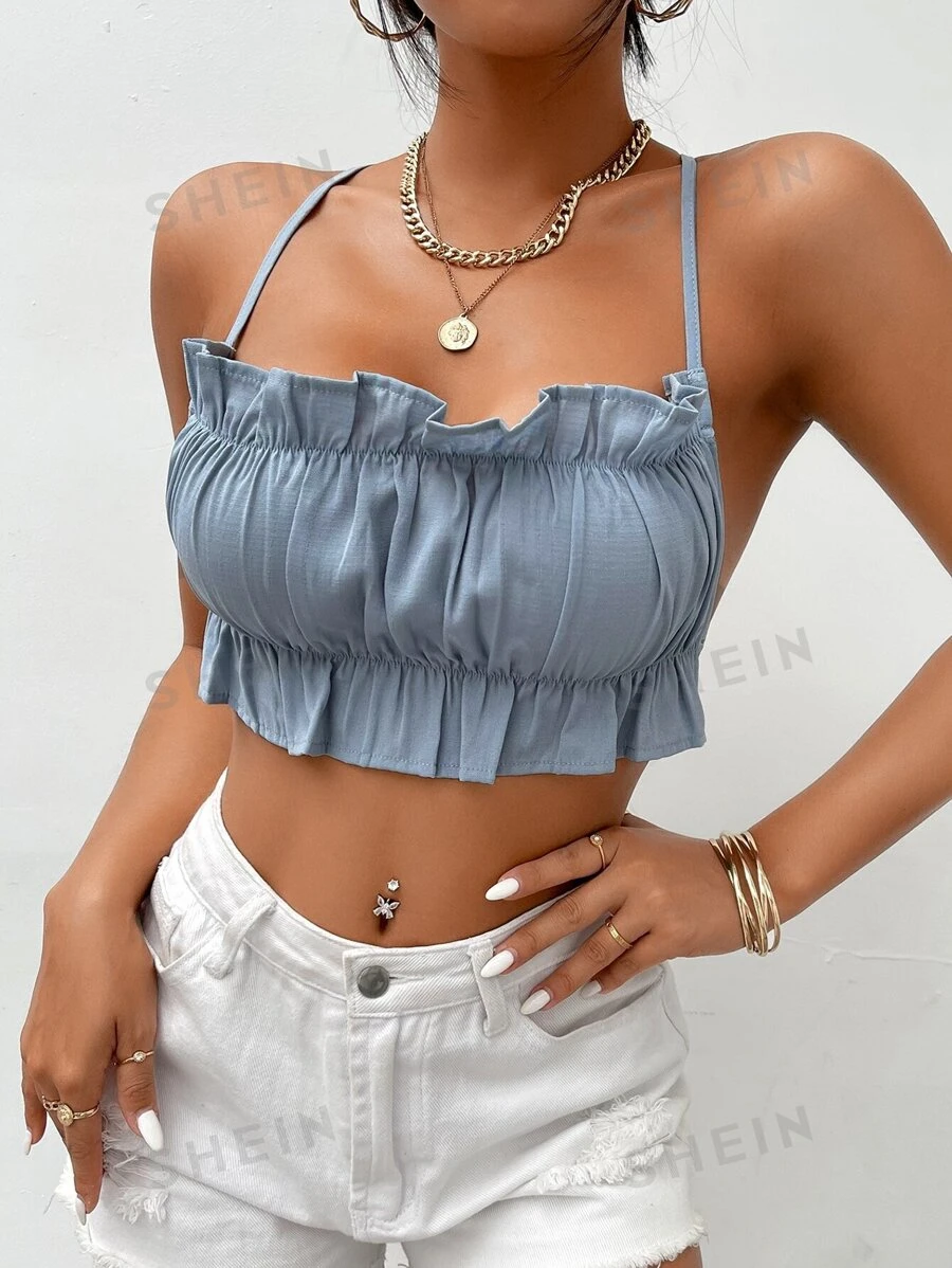 SHEIN PETITE Ruffle Trim Criss Cross Tie Backless Crop Cami Top | SHEIN UK