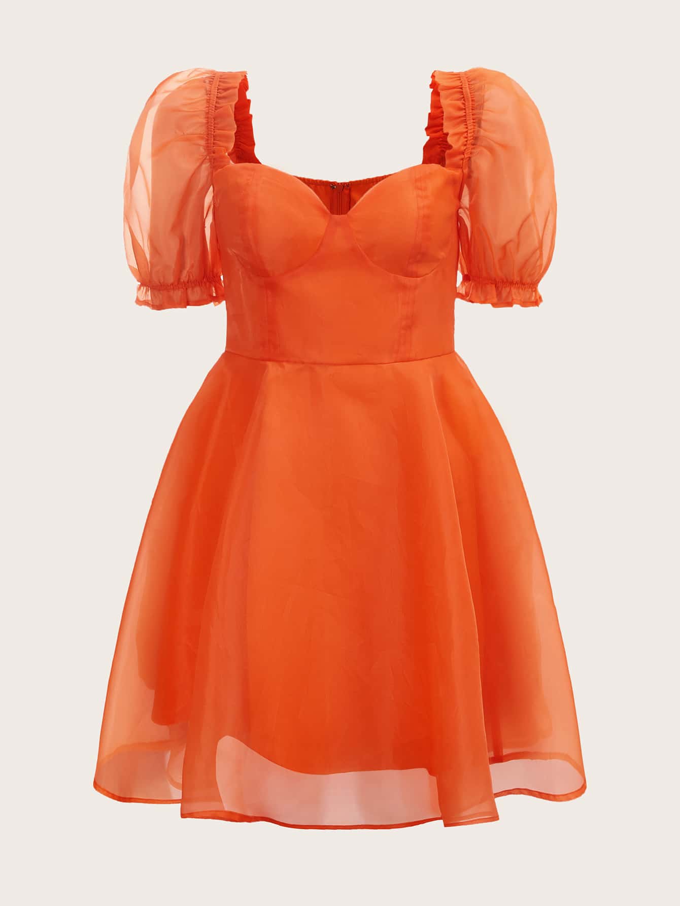 SHEIN Neon Orange Puff Sleeve Frill Trim Organza Dress