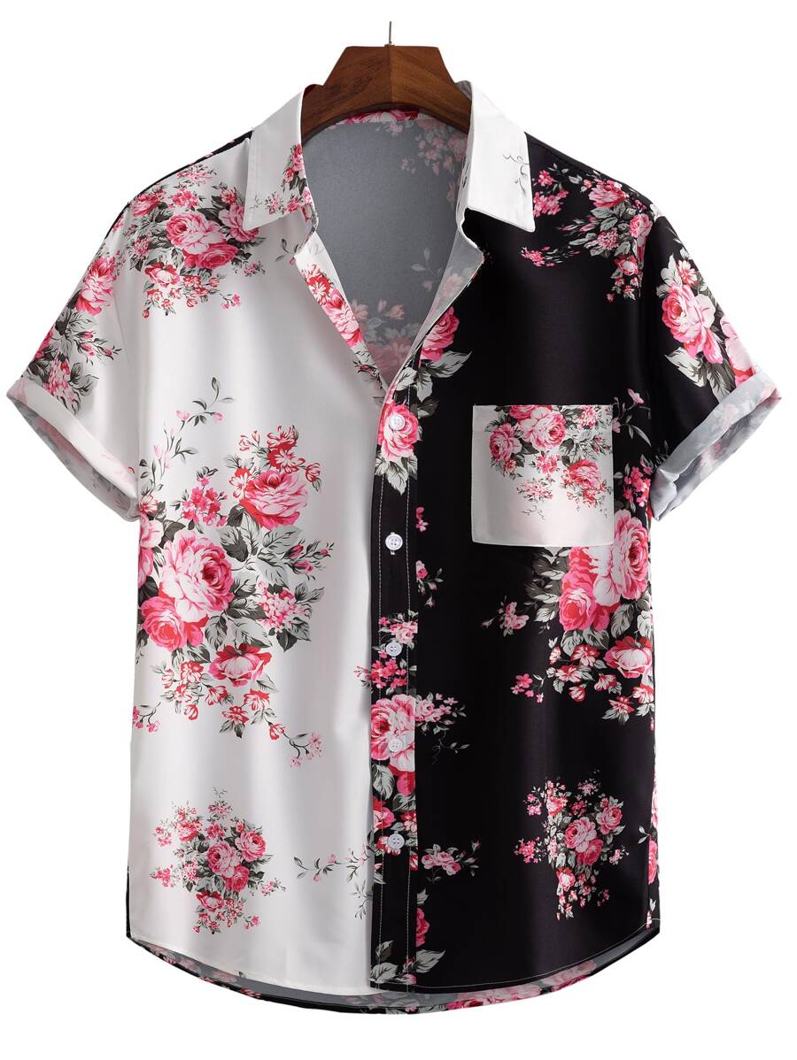 Manfinity Homme Men Two Tone Floral Print Patched Pocket Hawaiian Shirt , Short Sleeve Button Up ...