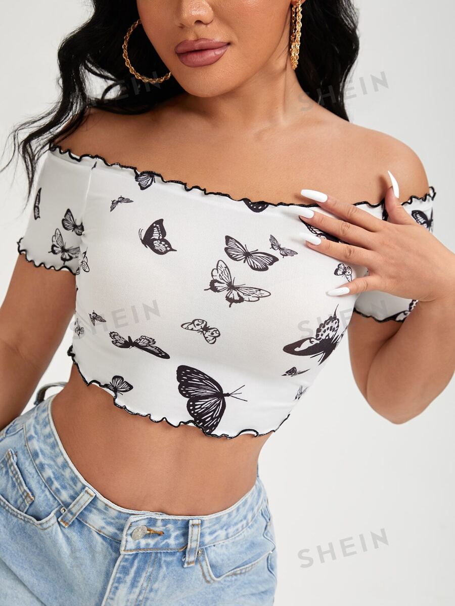 Shein Privé Butterfly Print Lettuce Trim Off Shoulder Tee Shein Uk