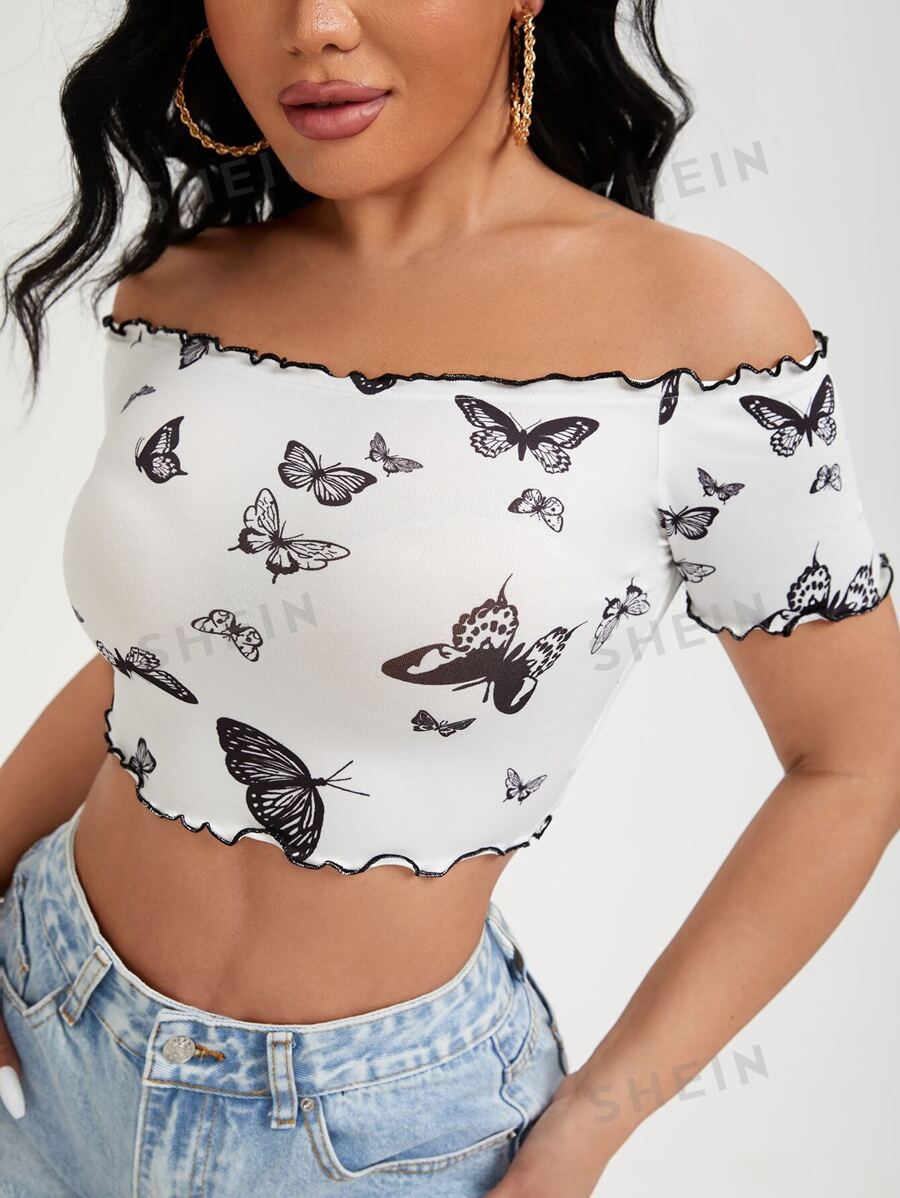 Shein Privé Butterfly Print Lettuce Trim Off Shoulder Tee Shein Uk