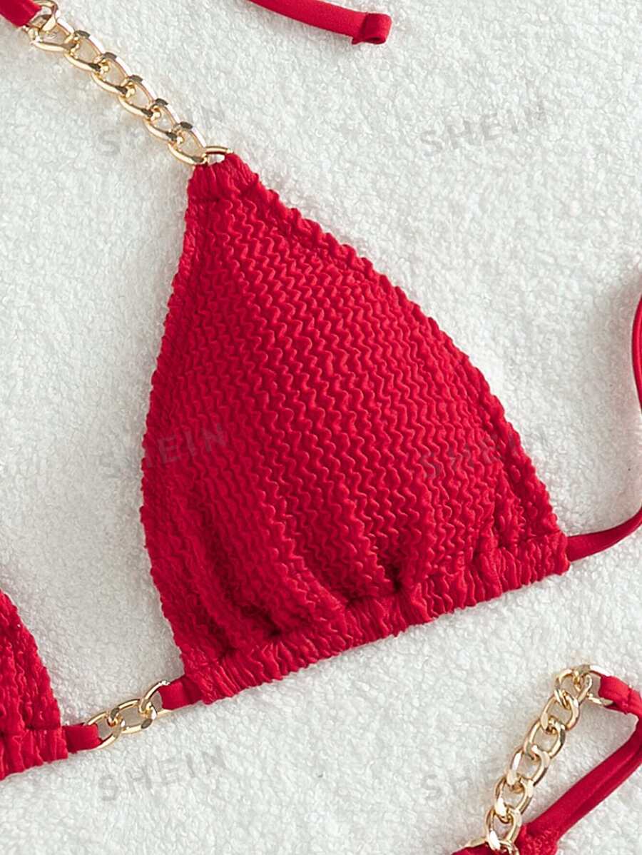 Shein Swim Sxy Textured Bikini Set Chain Linked Halter Micro Triangle