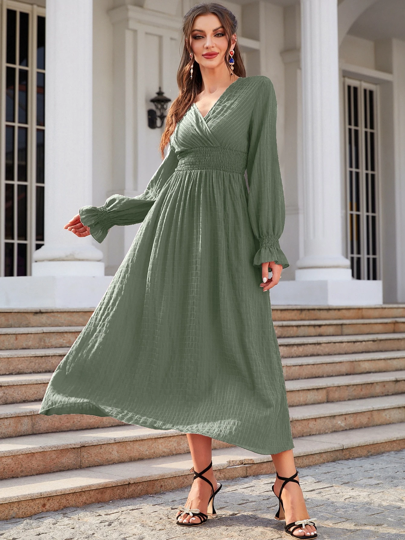 SHEIN Modely Solid Shirred Flounce Sleeve Dress | SHEIN USA