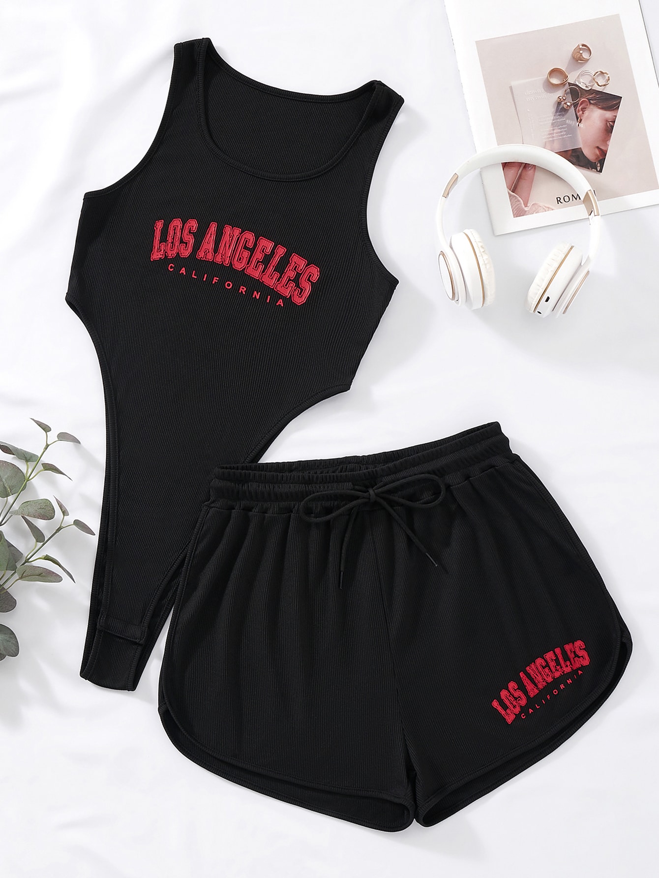 Shein Coolane Letter Graphic Bodysuit And Drawstring Waist Shorts Shein Uk