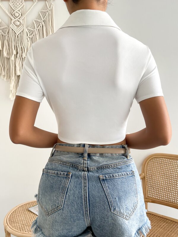 SHEIN EZwear Ruched Front Solid Crop Shirt | SHEIN EUR