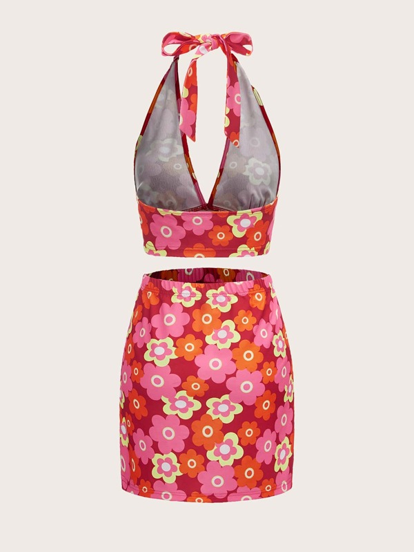 SHEIN ICON 90s Allover Floral Print Backless Halter Top & Slit Skirt ...