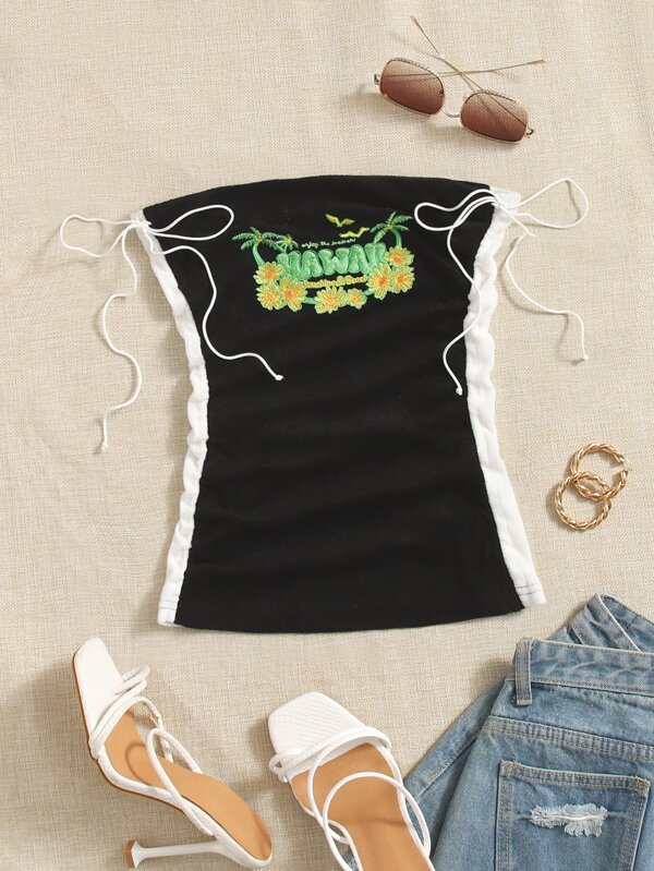 SHEIN ICON 90s Floral & Letter Embroidered Drawstring Side Tube Top ...