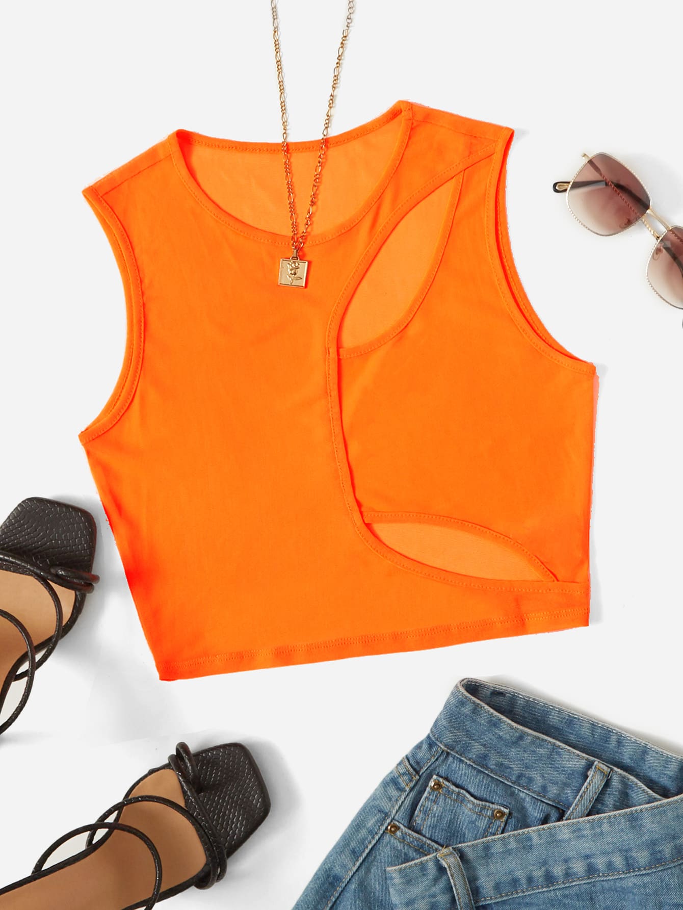 SHEIN Cut Out Sheer Mesh Crop Tank Top