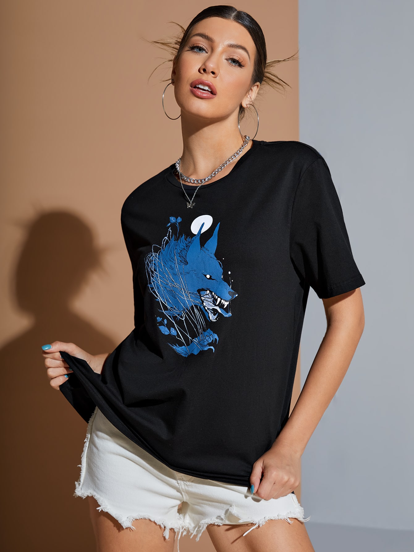 Loputyn Wolf Print Round Neck Tee | SHEIN USA