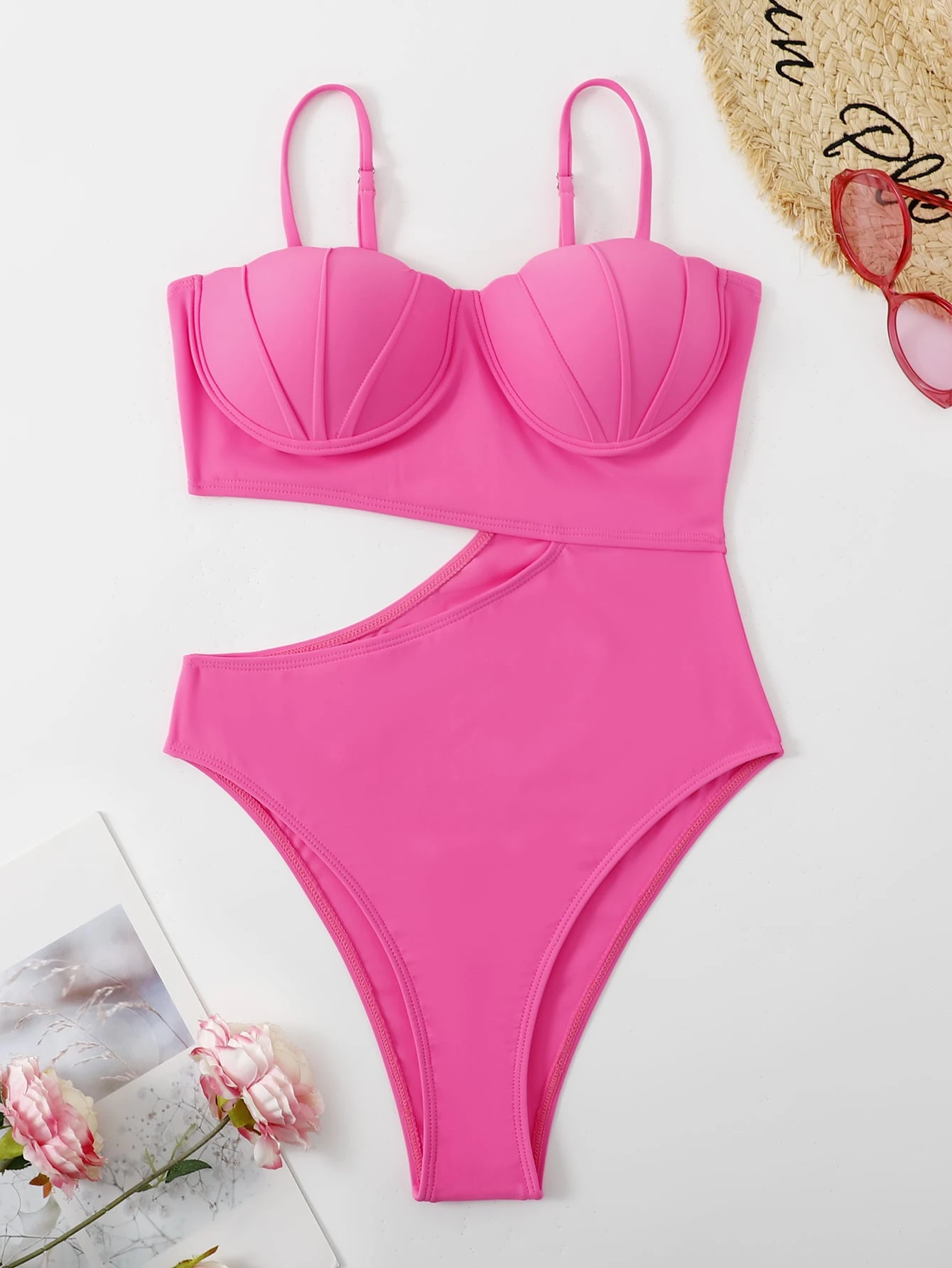 Shein Swim Summer Beach Scallop Trim Cut Out Push Up One Piece Swimsuit