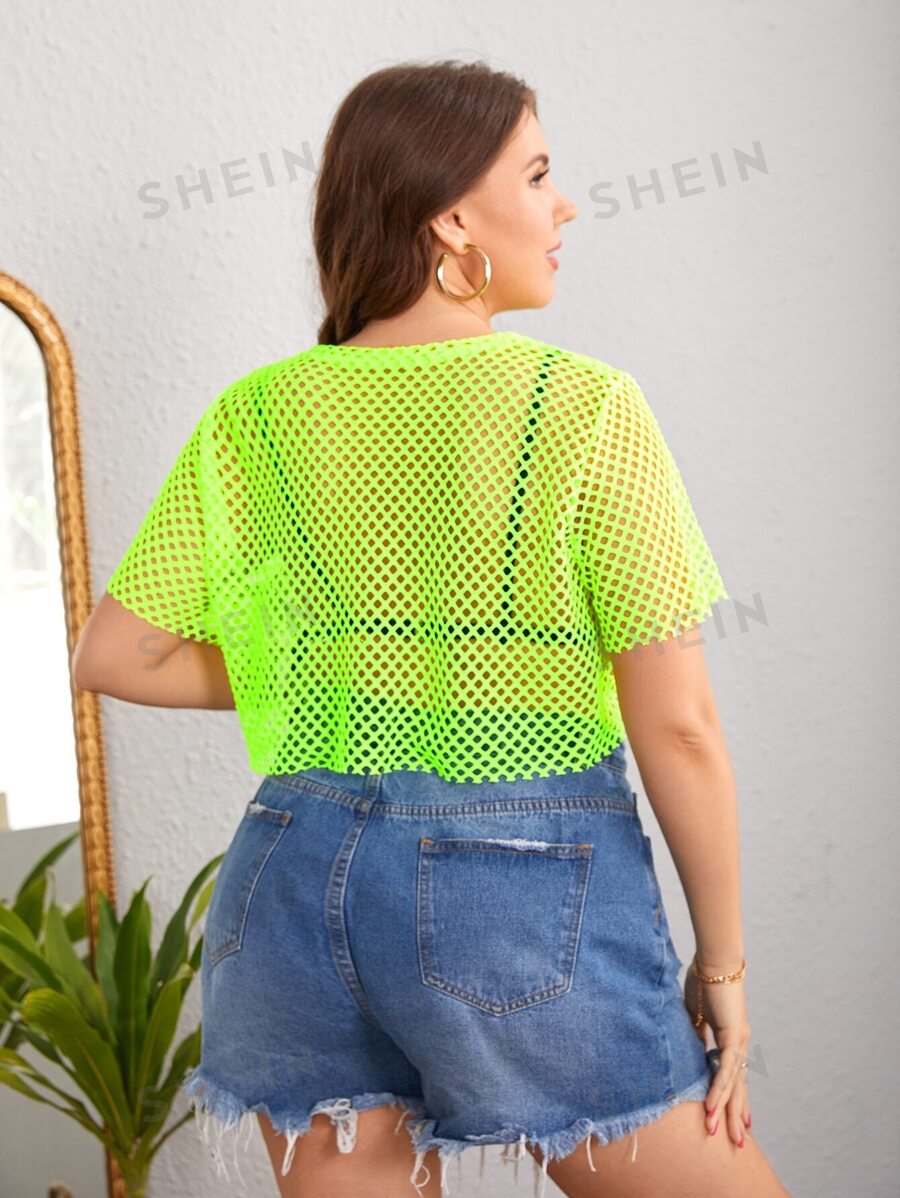 SHEIN Essnce Plus Neon Lime Fishnet Mesh Crop Top Without Bra | SHEIN USA