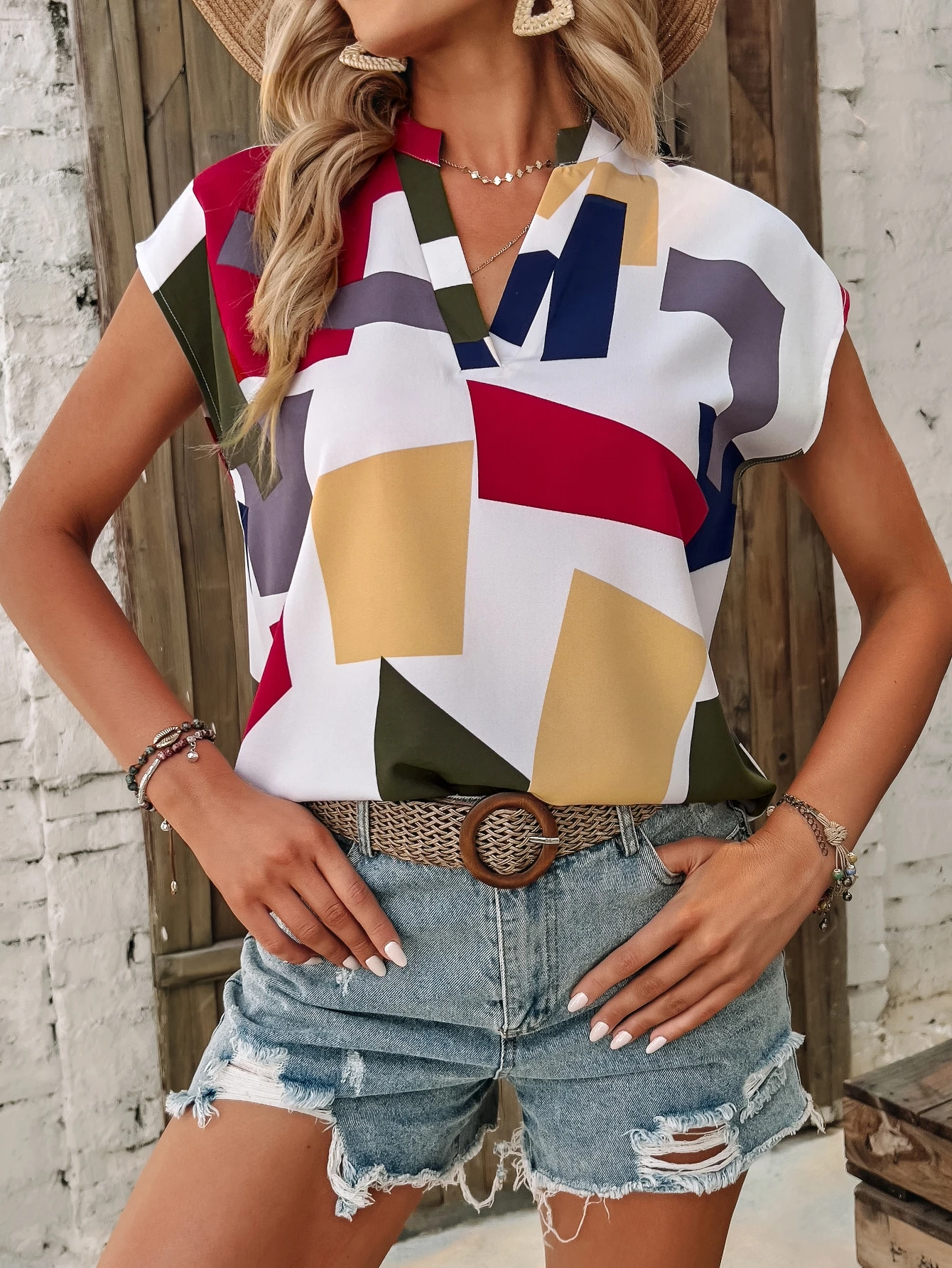 Shein Lune Blusa Popover De Manga Murciélago Con Estampado Geométrico