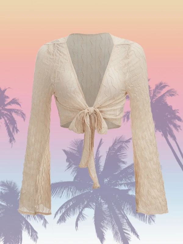 SHEIN X Jadee Vice SHEIN ICON Textured Tie Front Trumpet Sleeve Mesh ...