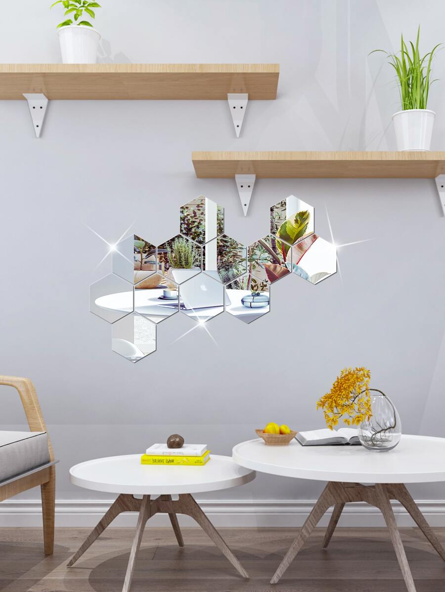 12pcs Mirror Wall Stickers, Hexagon Wall Art Stickers, DIY Household ...