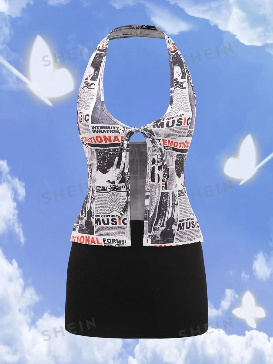 SHEIN ICON 90s Newspaper Print Knot Front Split Hem Halter Top & Skirt ...