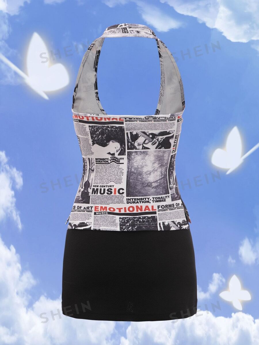 SHEIN ICON 90s Newspaper Print Knot Front Split Hem Halter Top & Skirt ...