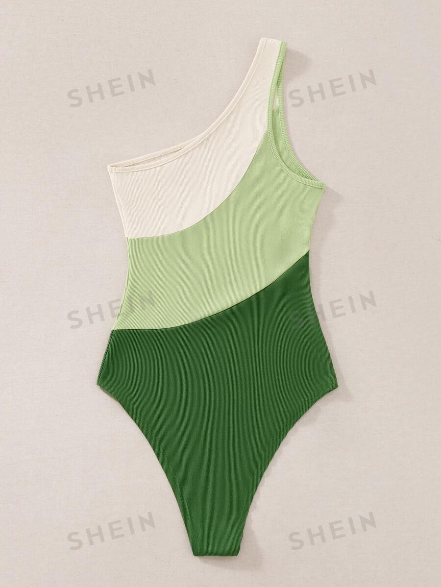 SHEIN EZwear Body de color combinado tejido de canalé de un hombro ...