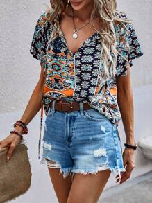 SHEIN VCAY Boho Bloemen Volledig geprint Blouse Geknoopt | SHEIN Nederland