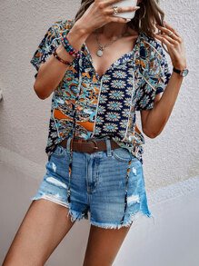 SHEIN VCAY Boho Bloemen Volledig geprint Blouse Geknoopt | SHEIN Nederland