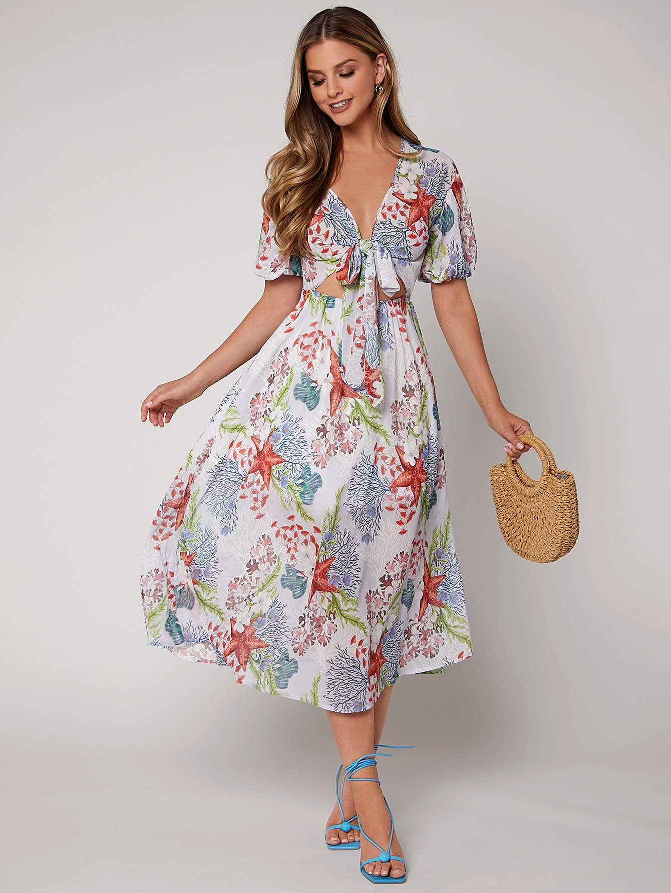Starfish & Coral Print Knot Front Cut Out Dress | SHEIN USA