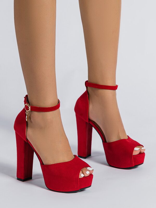 Suedette Peep Toe Ankle Strap Pumps, Red Solid Color Ankle Strap High ...