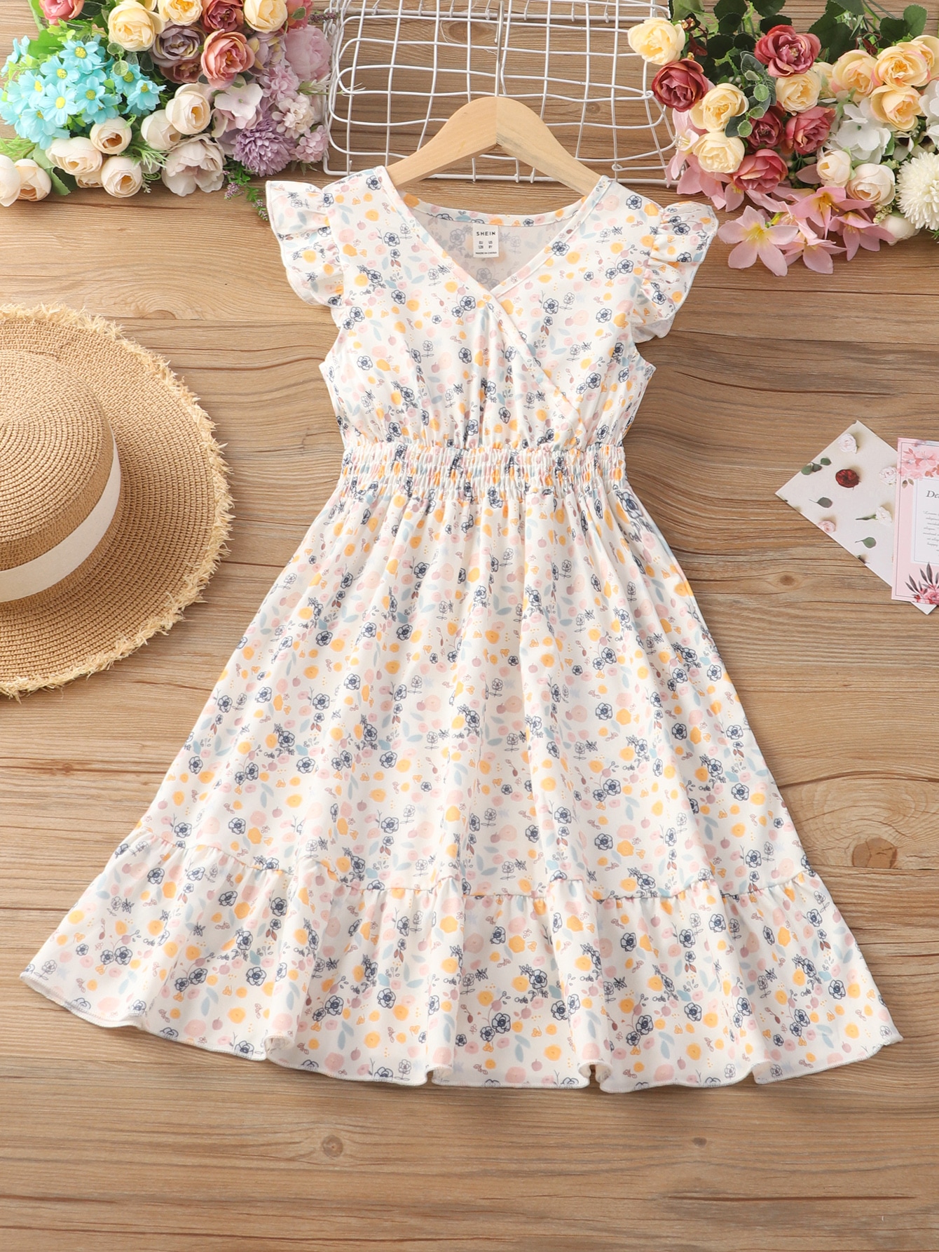Girls Ditsy Floral Shirred Waist Dress