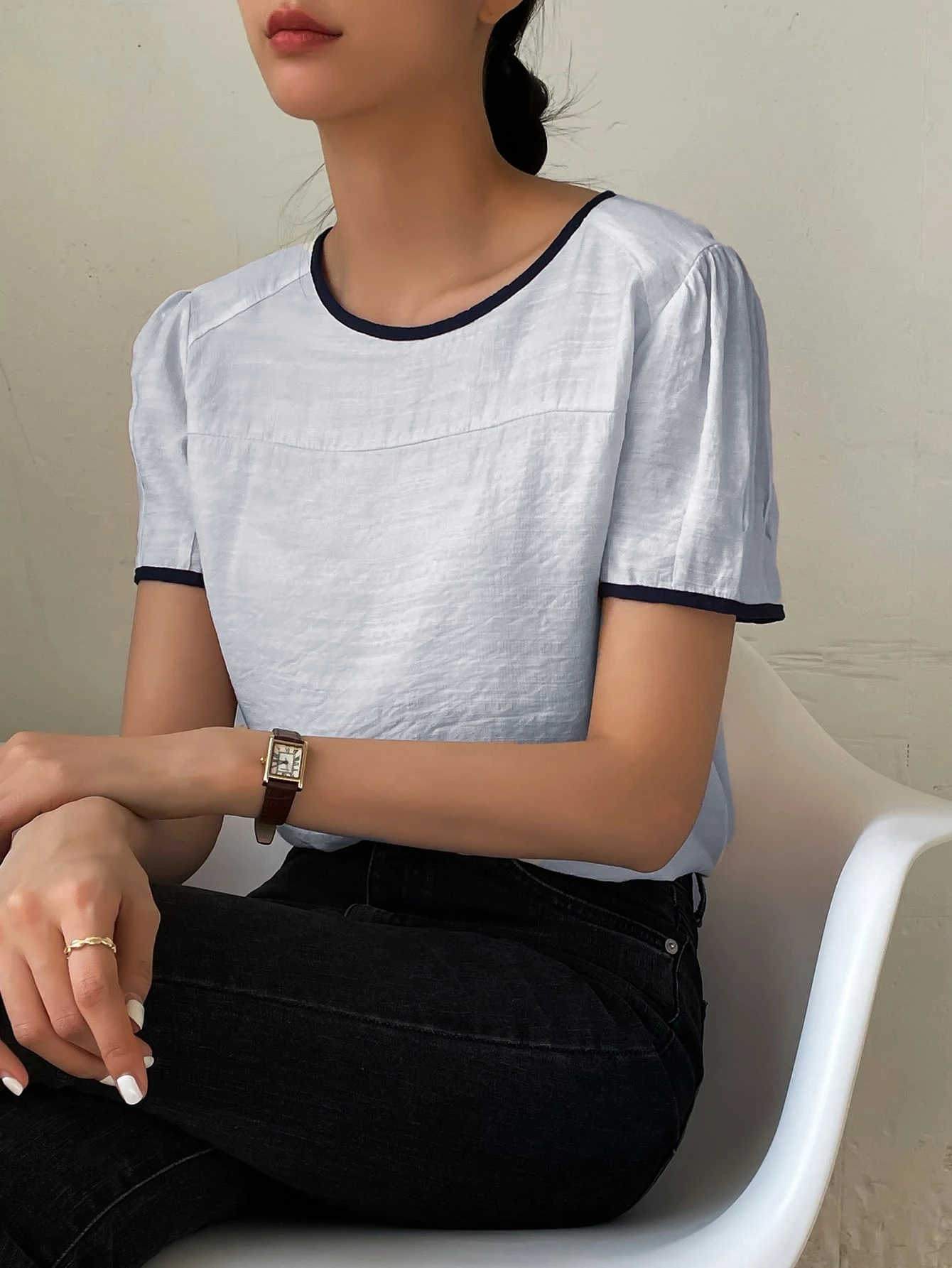 Dazy Blouse à Liseré Contrastant Manches Bouffantes Mode En Ligne