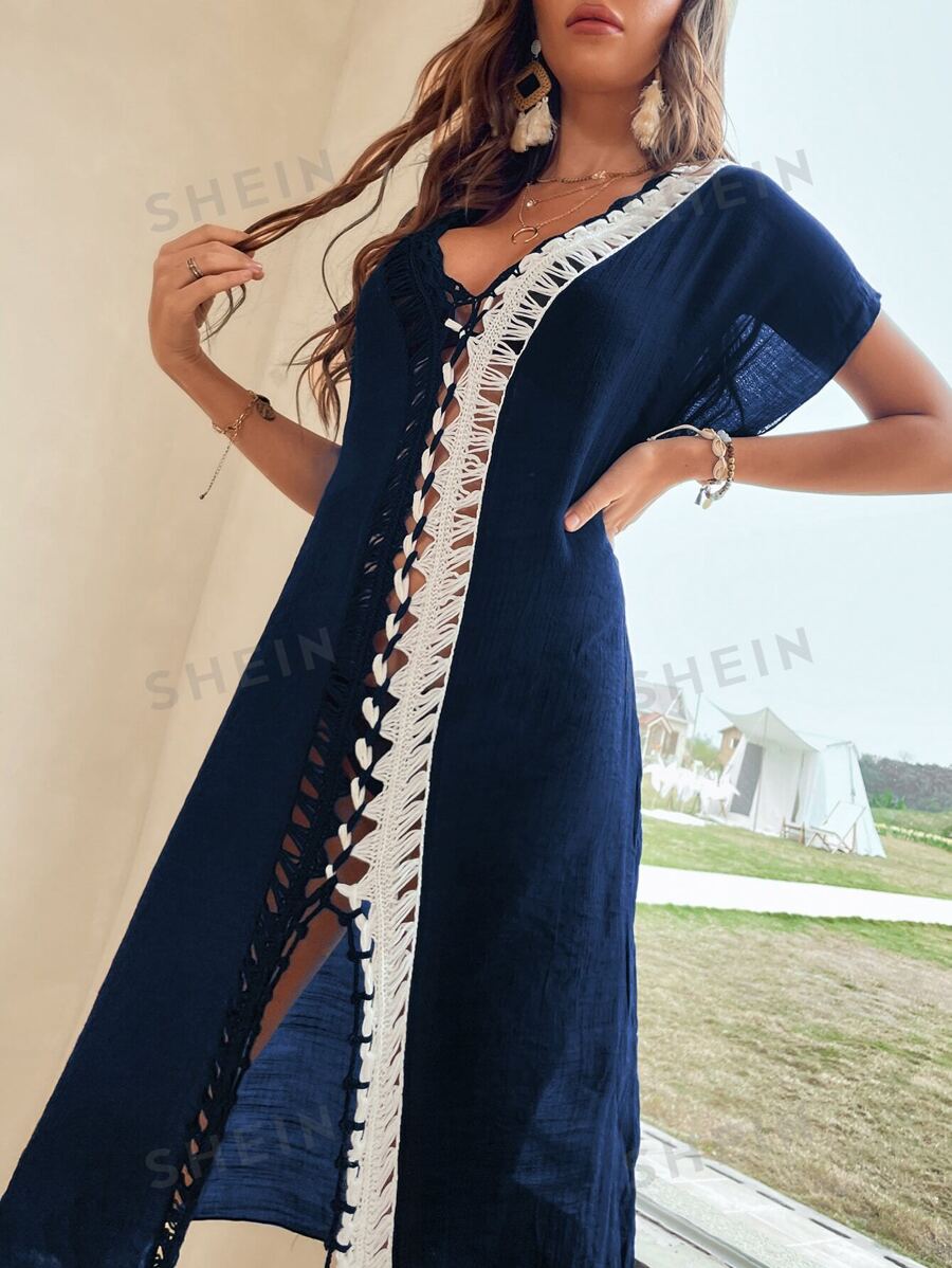 SHEIN Swim BohoFeel Color Block Open Stitch Cover Up | SHEIN UK