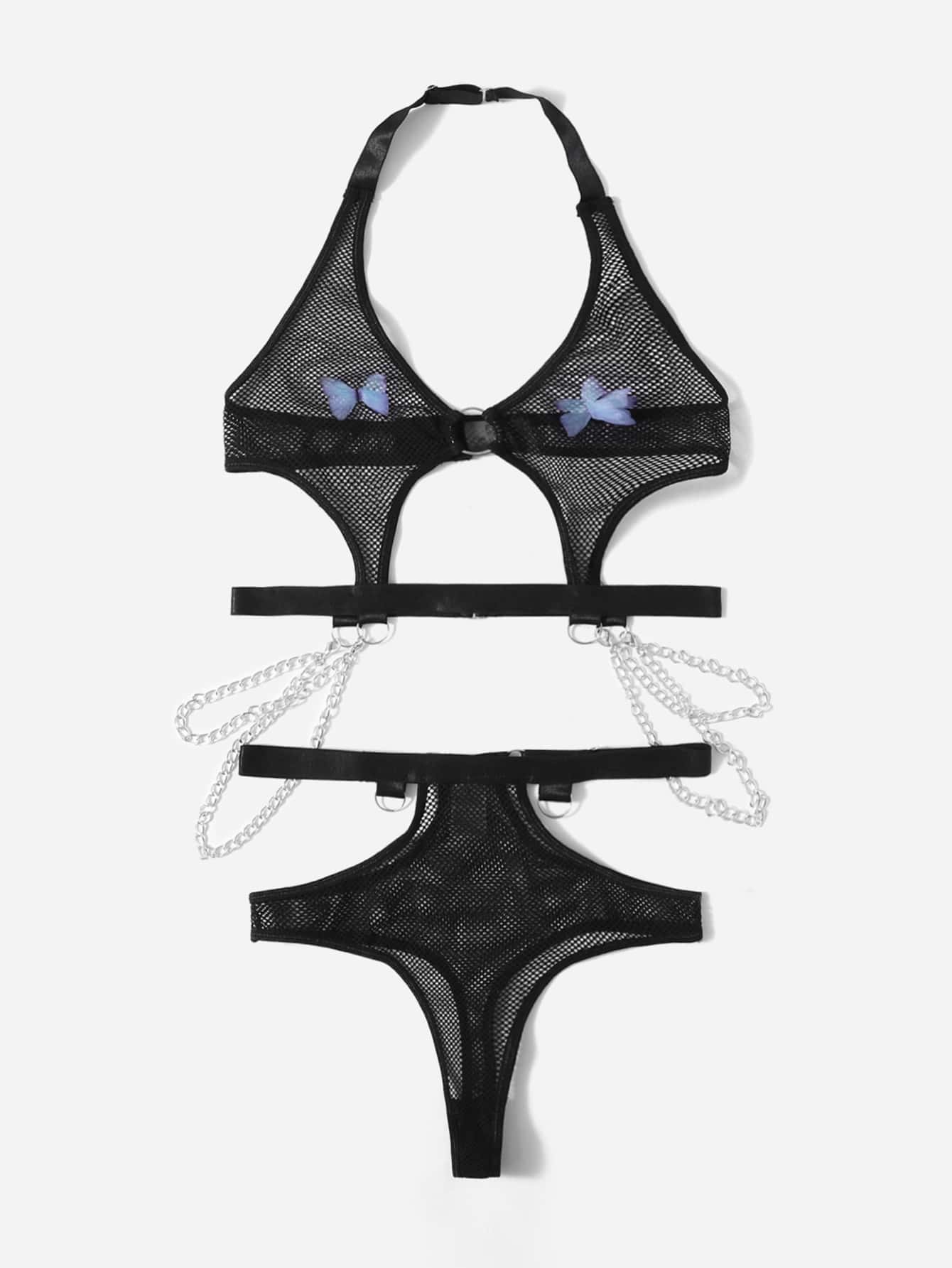 Butterfly Patched Fishnet Chain Detail Lingerie Set | SHEIN USA