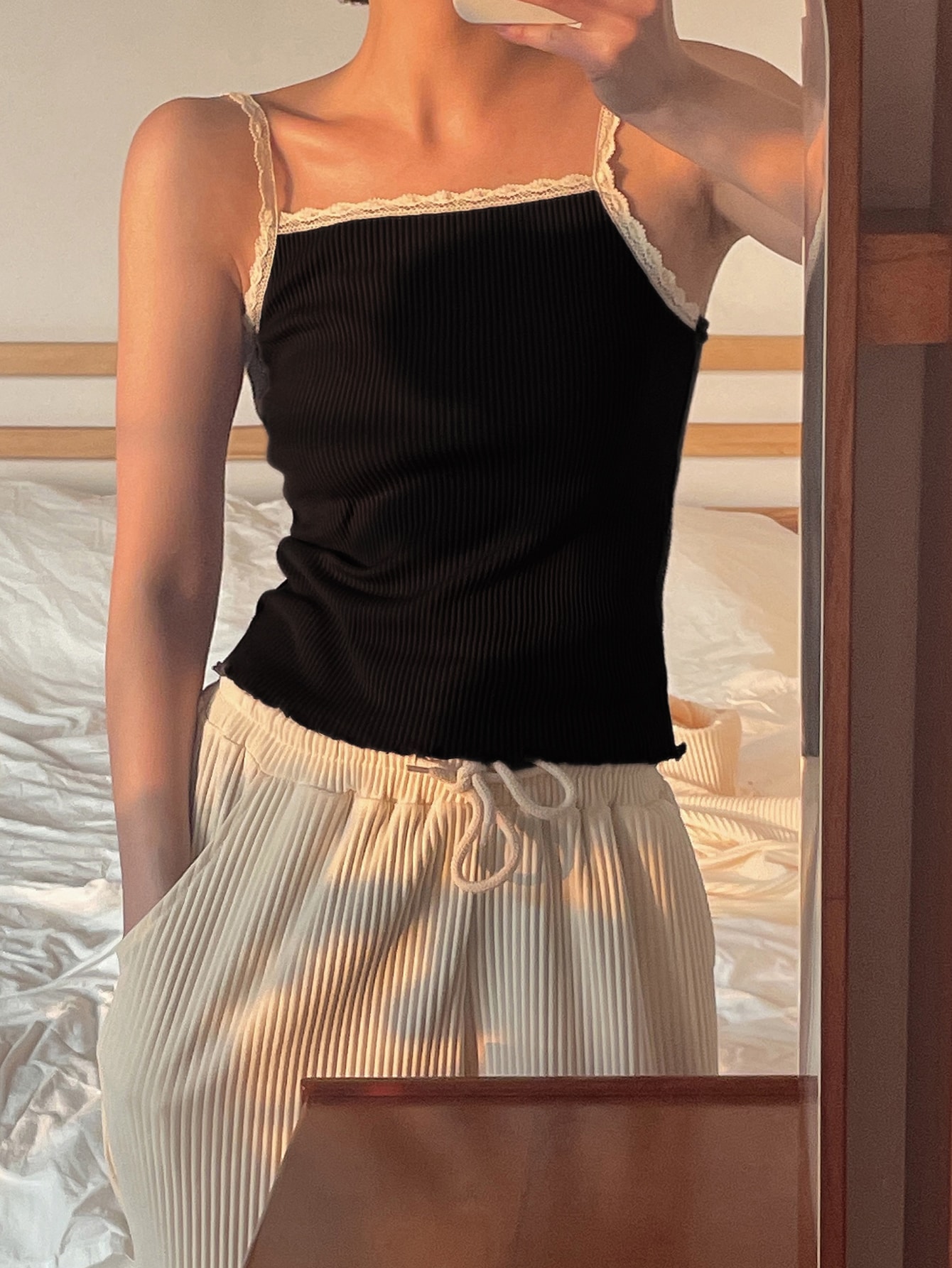 DAZY Contrast Lace Rib Knit Cami Top