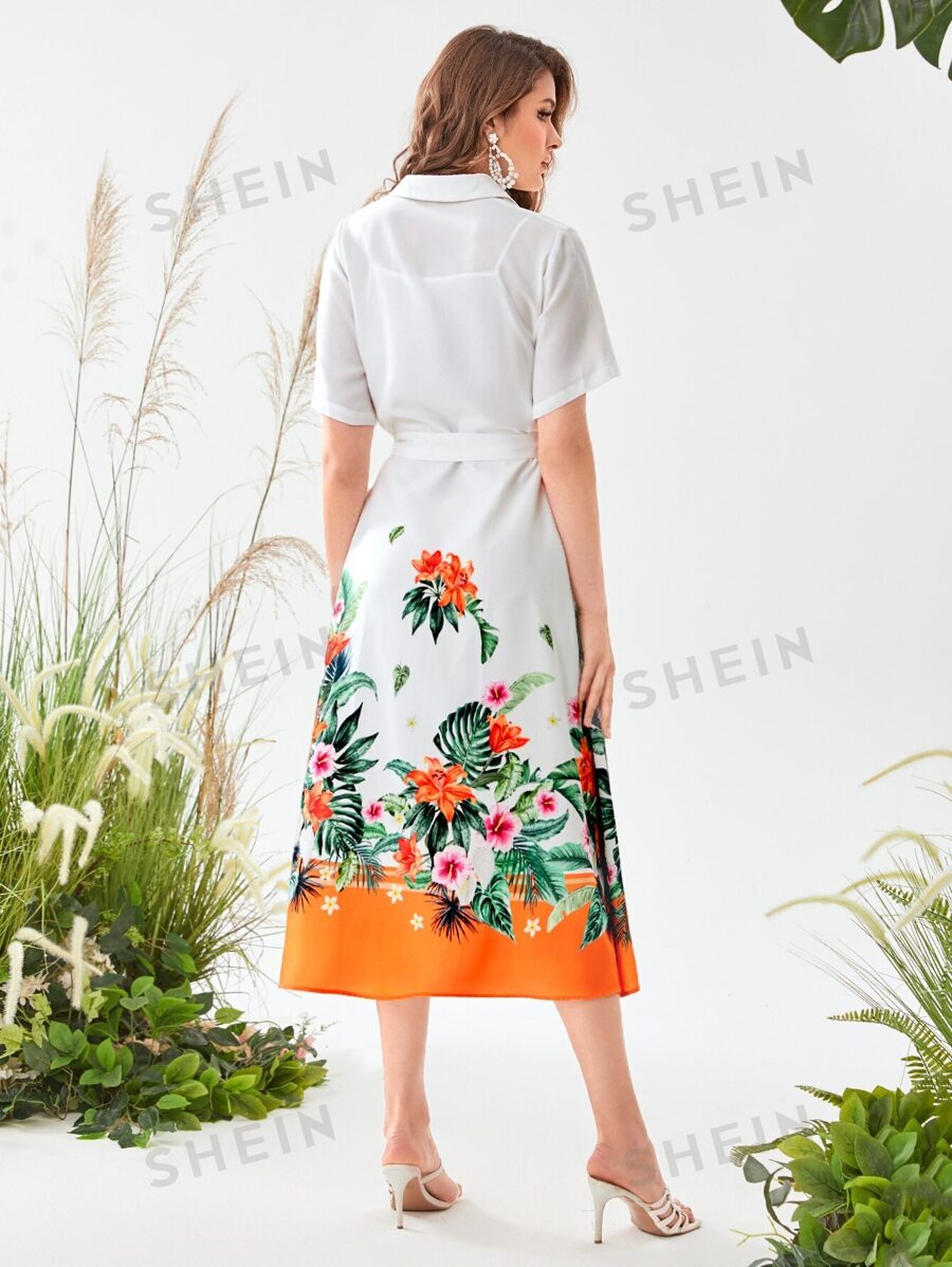 SHEIN Mulvari 1 PC Floral Print Belted Shirt Dress | SHEIN UK