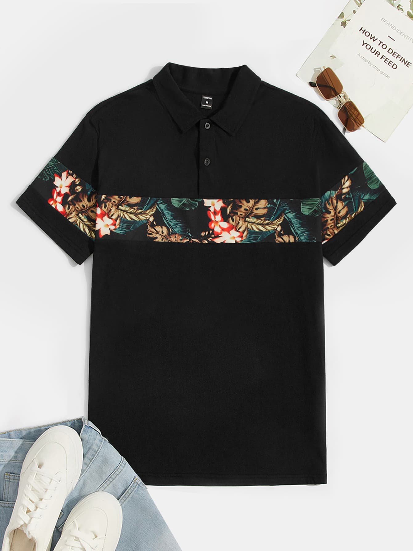 Manfinity Homme Men Cotton Tropical Print Collar Color Block Vacation Fashion Polo Shirt ...