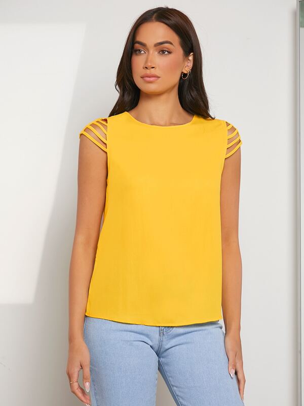 evoluSHEIN Ladder Cut Out Keyhole Back Blouse | SHEIN USA