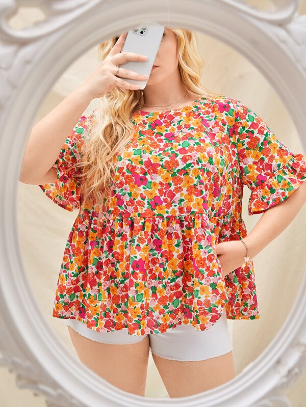 Shein Plus Allover Floral Print Flounce Sleeve Peplum Blouse Shein Usa
