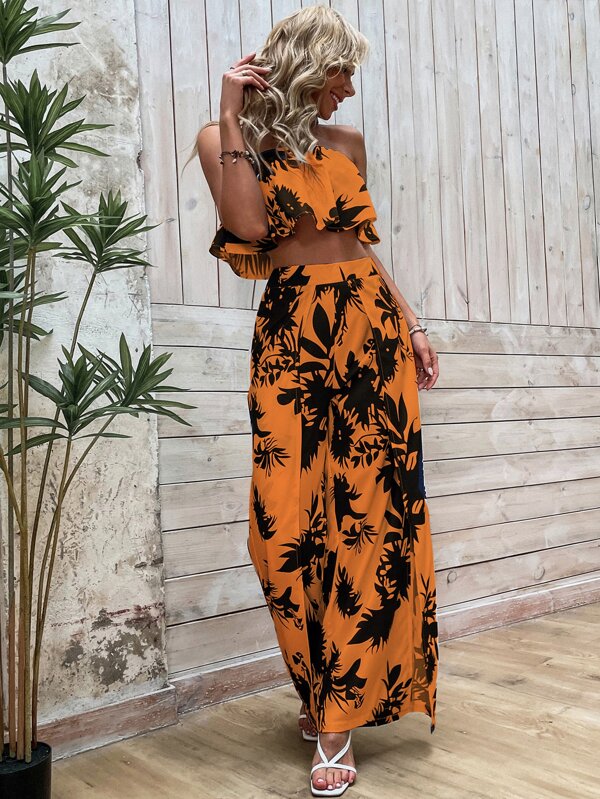 Floral Print Crop Tube Top & Wrap Hem Pants | SHEIN USA