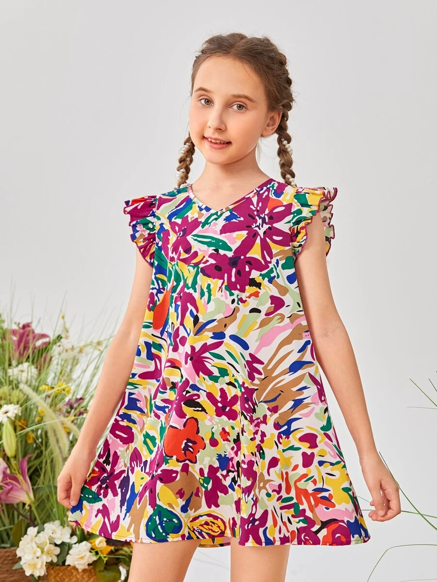 SHEIN Tween Girl Floral Print Butterfly Sleeve Dress | SHEIN USA